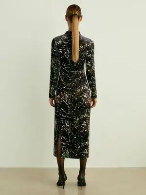 REISS Sonya Cut Out Abstract Print Velvet Midi Dress