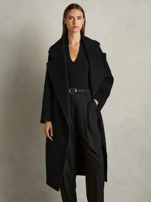 Reiss Black Wool-Blend Wrapover Coats