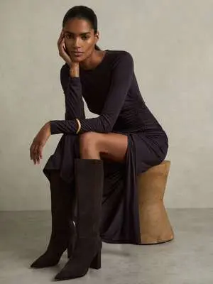REISS Bianca Leather Knee-high Block-heel Boots - Chocolate