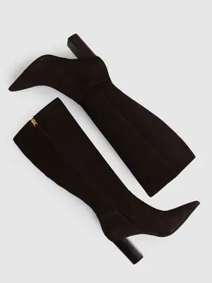 REISS Bianca Leather Knee-high Block-heel Boots - Chocolate