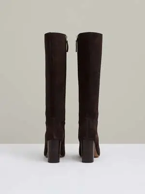 REISS Bianca Leather Knee-high Block-heel Boots - Chocolate