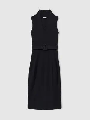 REISS Ella Knitted Ribbed Belted Midi Dress