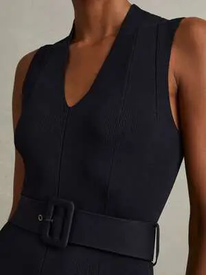 REISS Ella Knitted Ribbed Belted Midi Dress