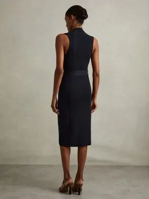 REISS Ella Knitted Ribbed Belted Midi Dress
