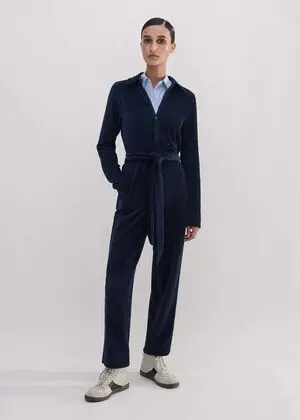 ME+EM Fluid Cord Velour Jumpsuit With Belt - Navy