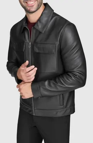 Cole Haan Leather Shirt Jacket - Black