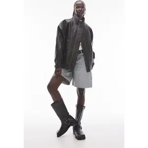 Topshop Oversized Faux Leather Bomber Jacket - Black