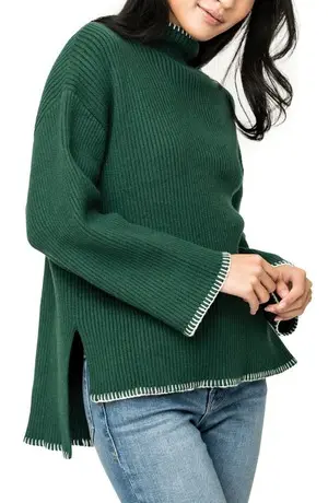 GIBSONLOOK Whipstitch Trim Ribbed Sweater
