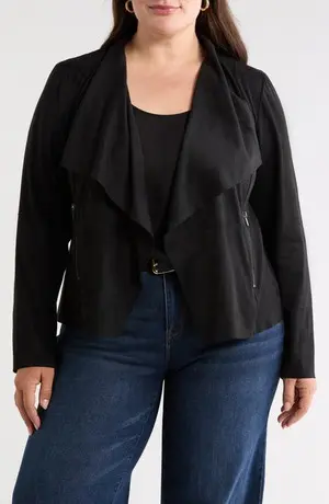 Bagatelle Drape Front Faux Suede Jacket - Black