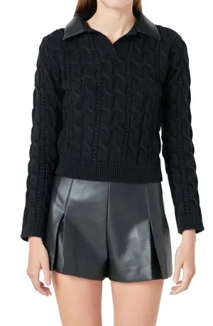 Endless Rose Faux Leather Collar Cable Sweater