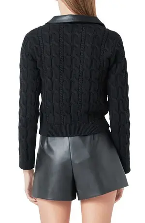 Endless Rose Faux Leather Collar Cable Sweater