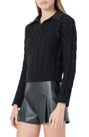 Endless Rose Faux Leather Collar Cable Sweater