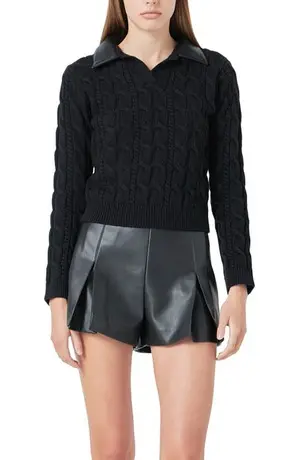 Endless Rose Faux Leather Collar Cable Sweater