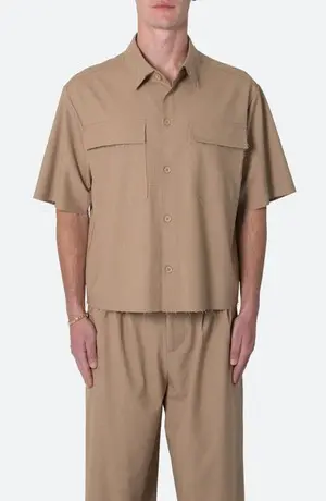 Mnml Oversize Crop Short Sleeve Button-up Shirt - Khaki