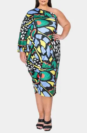 L I V D Charm One-shoulder Printed Midi Dress - Turquoise/aqua