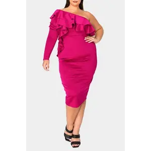 L I V D Val Ruffle One-shoulder Midi Dress - Magenta