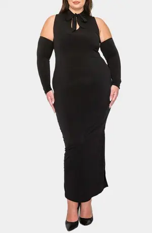 L I V D Fatale Tie Neck Cold Shoulder Long Sleeve Dress