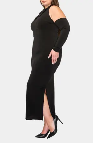 L I V D Fatale Tie Neck Cold Shoulder Long Sleeve Dress