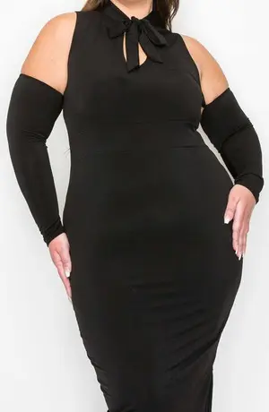 L I V D Fatale Tie Neck Cold Shoulder Long Sleeve Dress