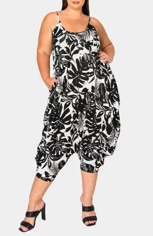 L I V D Kiana Palm Print Jumpsuit - Black/white