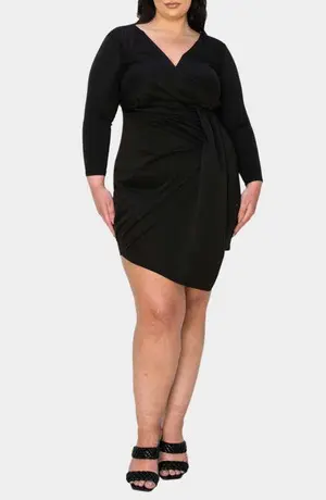 L I V D Raven Bracelet Sleeve Faux Wrap Body-con Dress - Black