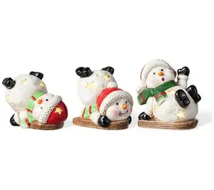GLITZHOME Led Lighted Ceramic Tumbling Snowmen Able Decor S/3
