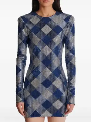 Balmain Gingham Rhinestone Mini Dress - Blue