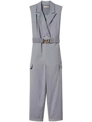 TWINSET Pinstripe Pattern Belted Jumpsuit