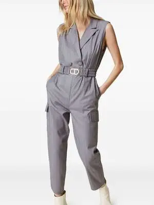 TWINSET Pinstripe Pattern Belted Jumpsuit