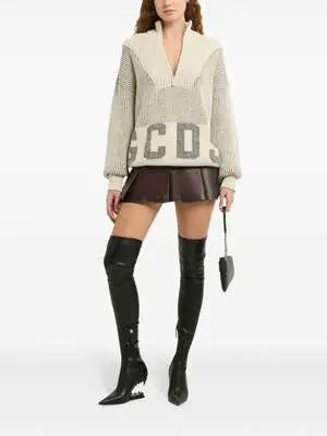 Gcds Intarsia-knit Logo Half-zip Jumper - Neutrals