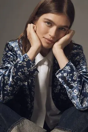 Maeve Tessie Velvet Blazer Jacket - Blue Pattern