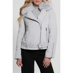 Guess Nancy Moto Jacket With Faux Fur Collar - Light Melange Grey
