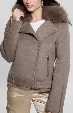 Guess Nancy Moto Jacket With Faux Fur Collar - Walnut Shell Multi