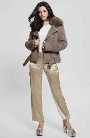 Guess Nancy Moto Jacket With Faux Fur Collar - Walnut Shell Multi