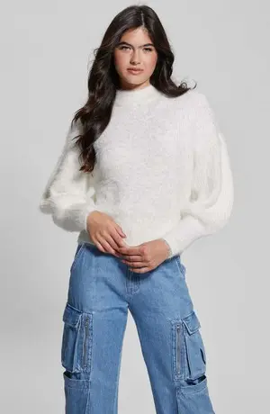 Guess Keyla Fuzzy Bishop Sleeve Sweater - Cream White