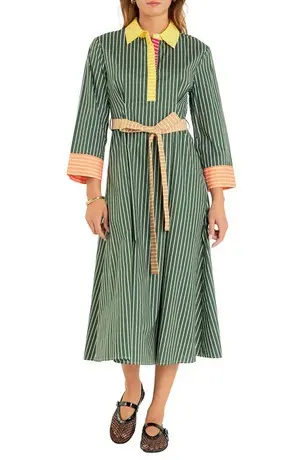 English Factory Colorblock Stripe Cotton Shirtdress - Green Multi