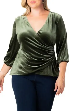 KIYONNA Odette Velvet Faux Wrap Top - Olive
