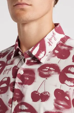 lips dress shirt Kiss Mark Embroidered White Collared Shirt