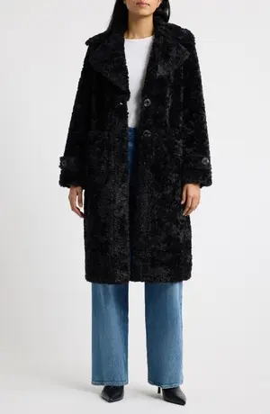 Sam Edelman Longline Faux Fur Coat - Black