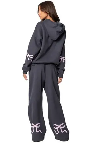 EDIKTED Bonney Bow Wide Leg Sweatpants - Dark-gray