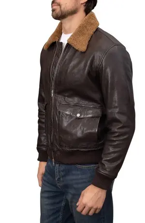 Bagatelle Washed Leather Aviator Jacket With Shearling Collar