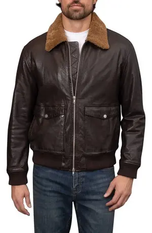 Bagatelle Washed Leather Aviator Jacket With Shearling Collar