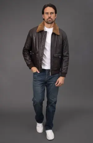 Bagatelle Washed Leather Aviator Jacket With Shearling Collar