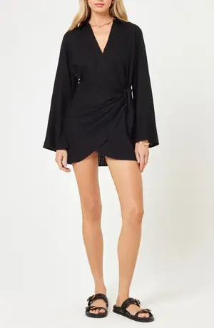 L*Space Las Palmas Long Sleeve Cover-up Wrap Dress - Black