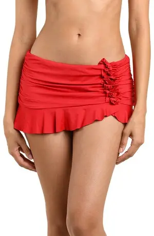 La Blanca Island Goddess Ruffle Skirted Bikini Bottom - Ruby