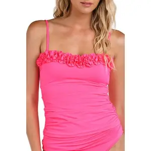 La Blanca Island Goddess Ruffle Tankini Top - Bright Pink
