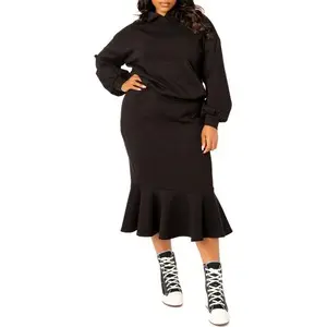 BUXOM COUTURE Scuba Knit Hoodie & Midi Skirt Set - Black