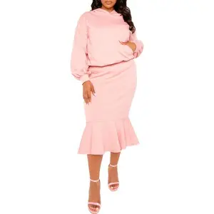 BUXOM COUTURE Scuba Knit Hoodie & Midi Skirt Set - Peach