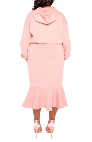 BUXOM COUTURE Scuba Knit Hoodie & Midi Skirt Set - Peach