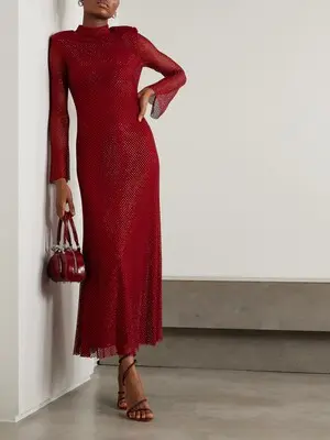 SELF-PORTRAIT Crystal-embellished Mesh Midi Dress